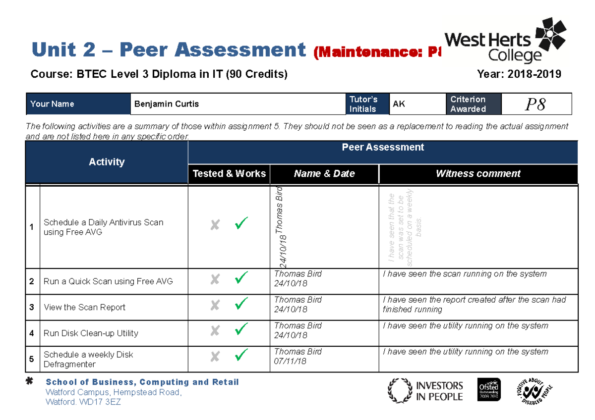 Assignment 5 Peer marking sheet - unit 2 -Routine Maintenance P8 - Unit ...