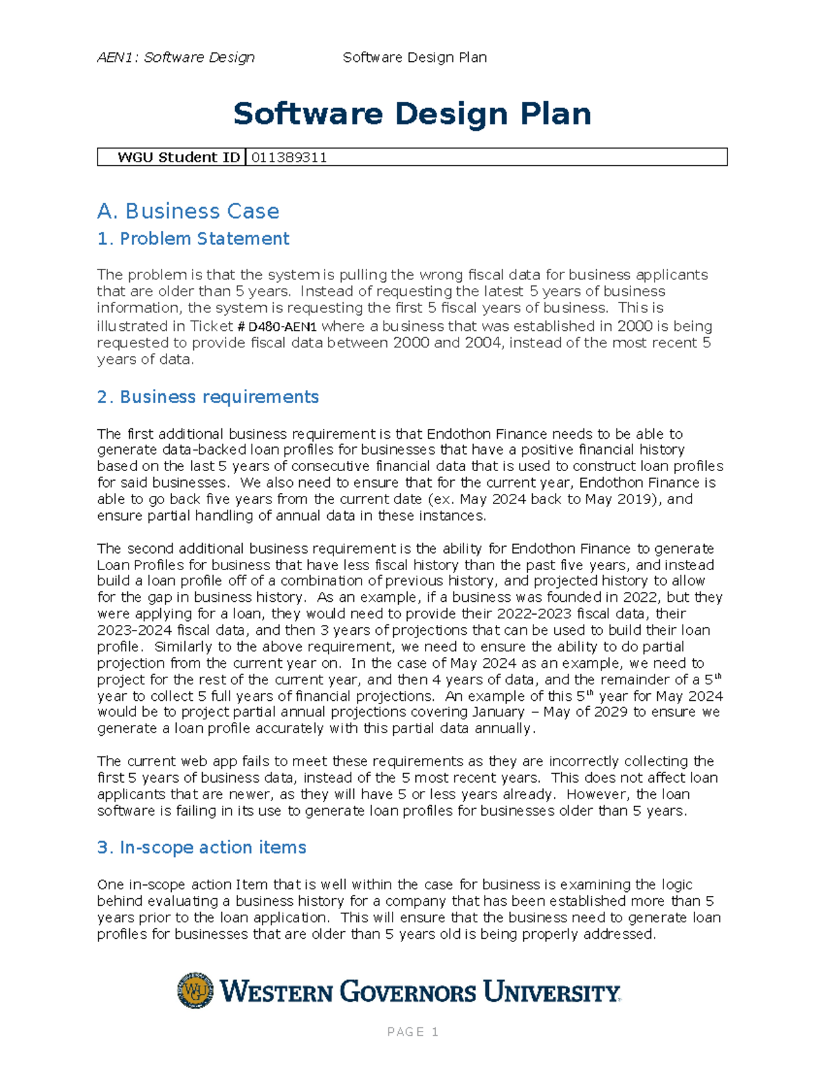 D480 - Task 1 - Lecture Notes - Software Design Plan WGU Student ID ...
