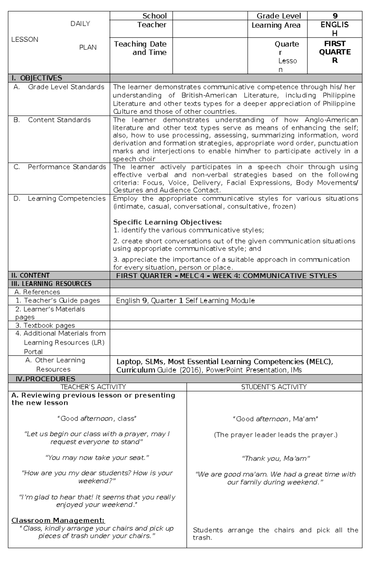 Communicative styles - DAILY LESSON PLAN School Grade Level 9 Teacher ...