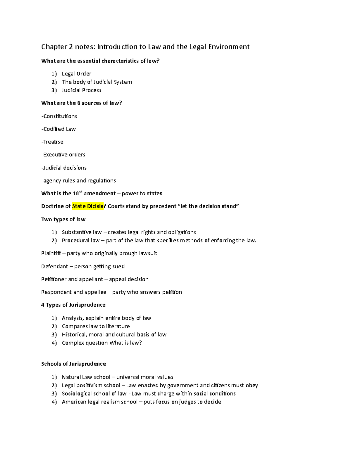 Chapter 2 notes part 2 - Chapter 2 notes: Introduction to Law and the ...