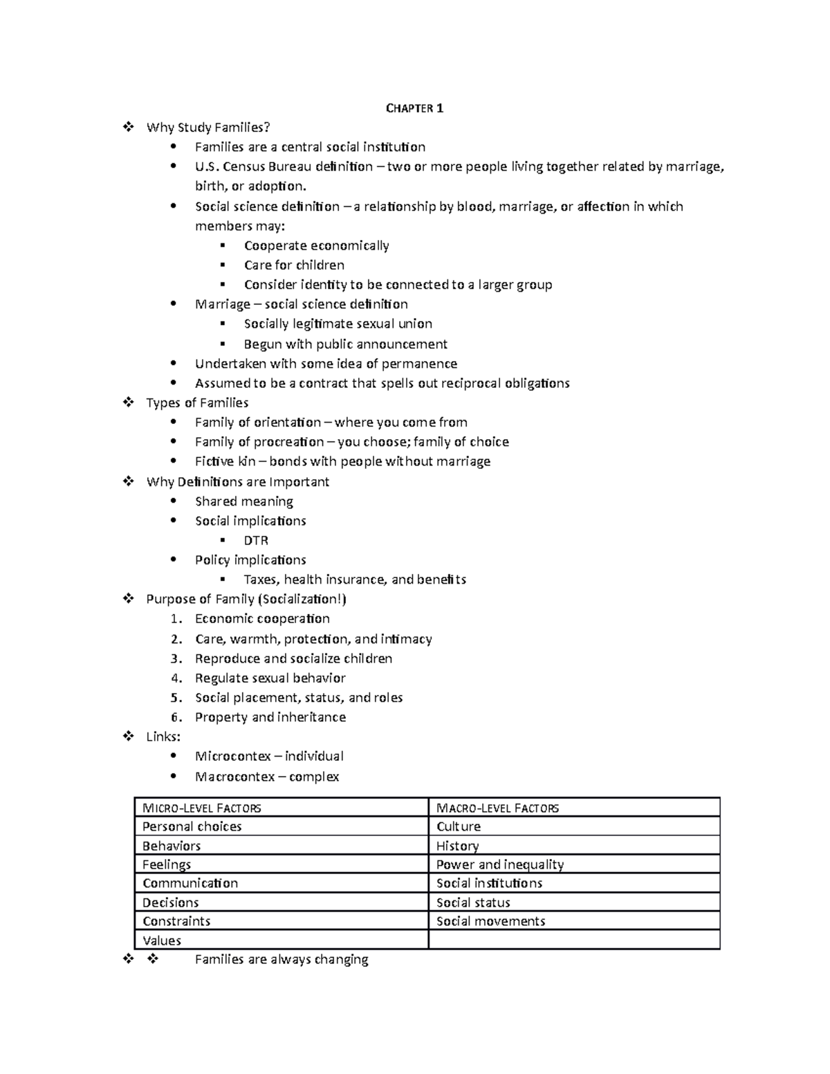 FAD Notes 1 - CHAPTER 1 Why Study Families? Families are a central ...