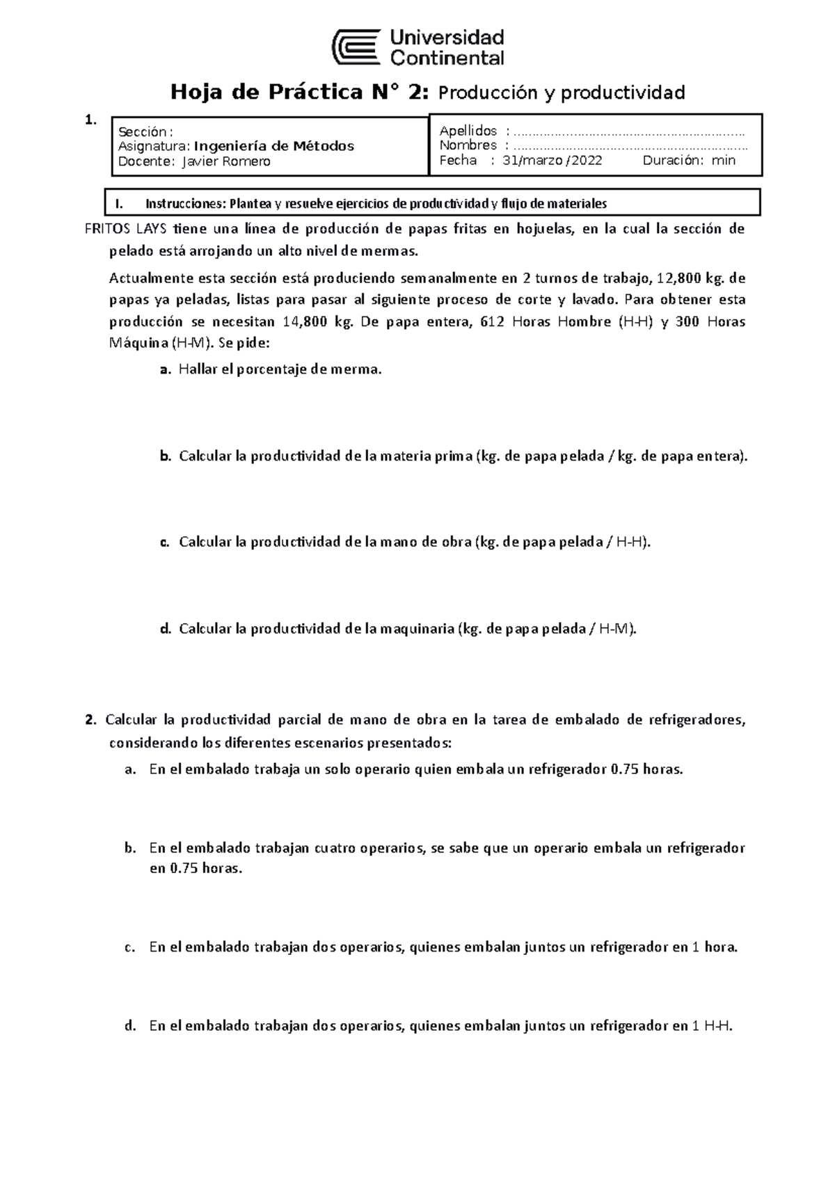Hoja de Práctica 2- Productividad y flujo de materiales 2022 00 - Hoja de Práctica N° 2 ...
