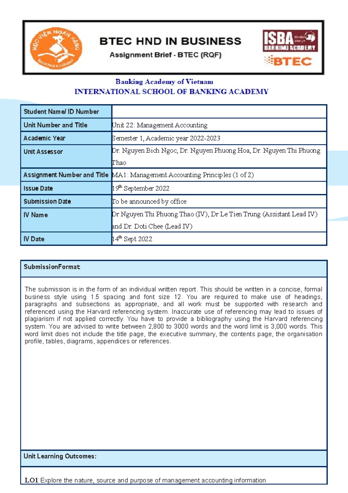 2022 2023 MA A1 Report LO1LO4 - Student Name/ ID Number Unit Number and Title Unit 22 ...