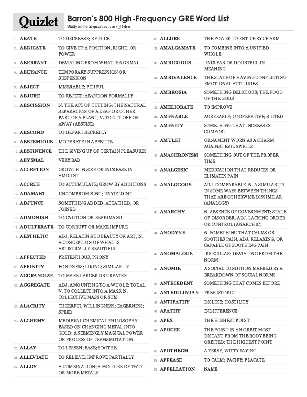 Barrons 800 High-Frequency GRE Word List - 1. ABATE TO DECREASE; REDUCE ...