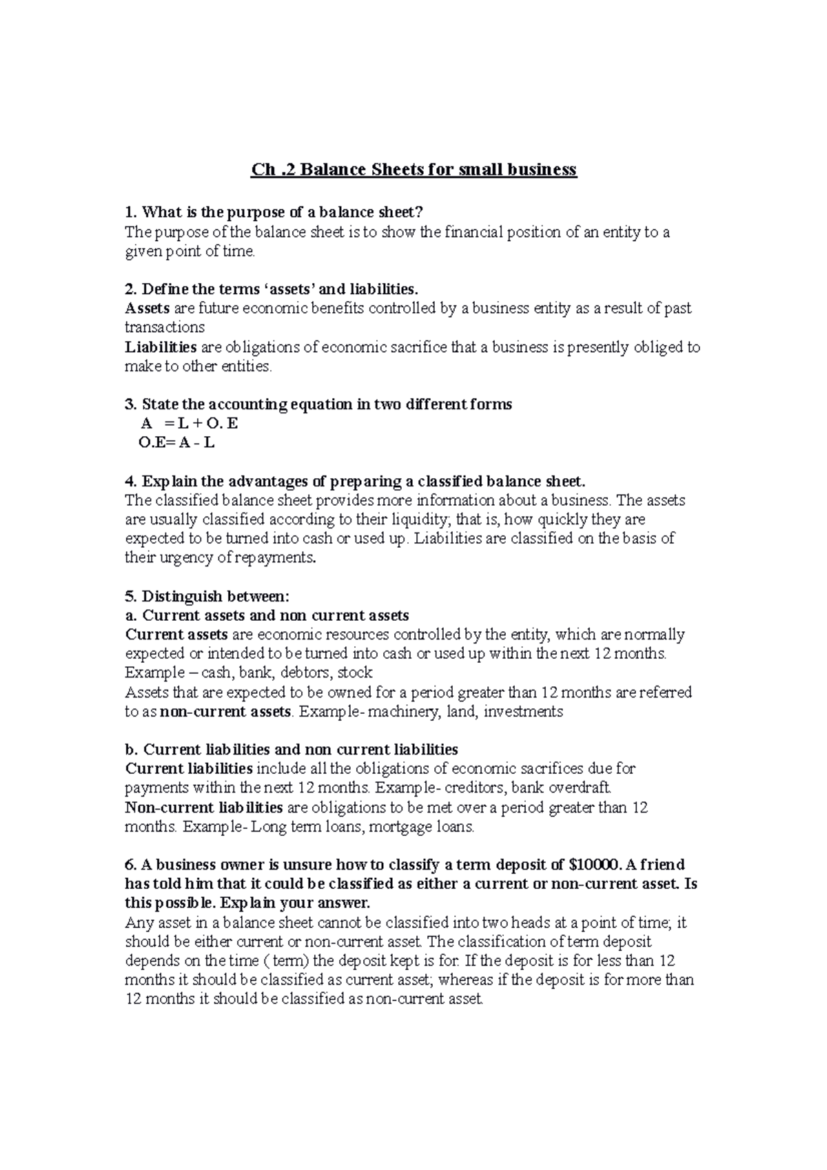 Accounting 1:2 chapter 2 - Ch .2 Balance Sheets for small business What is the purpose of a ...