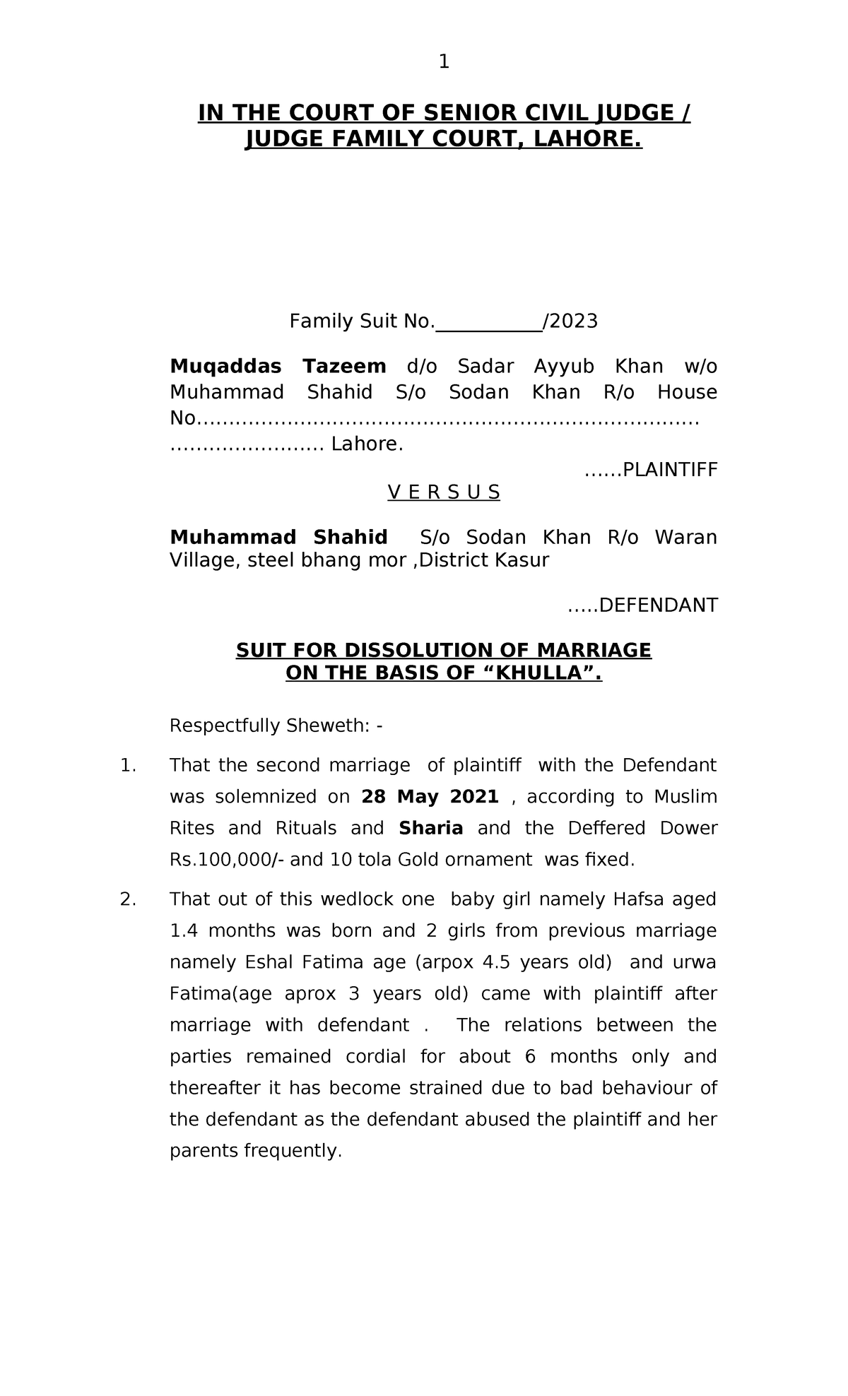 Dissolution of Marriage Muqadas tazeem - IN THE COURT OF SENIOR CIVIL ...