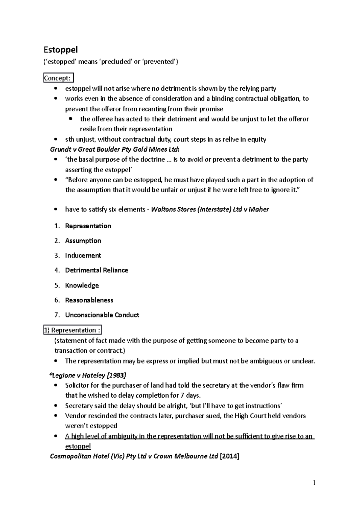 Contracts Exam Summary - Estoppel (‘estopped’ means ‘precluded’ or ...