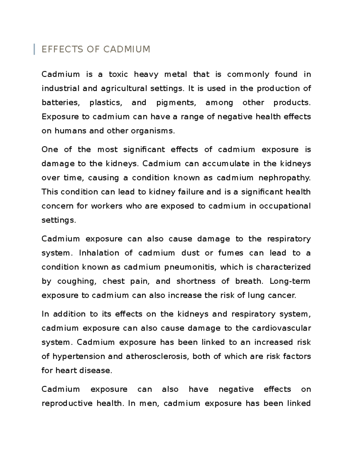 A brief note on the Effects of cadmium - EFFECTS OF CADMIUM Cadmium is ...