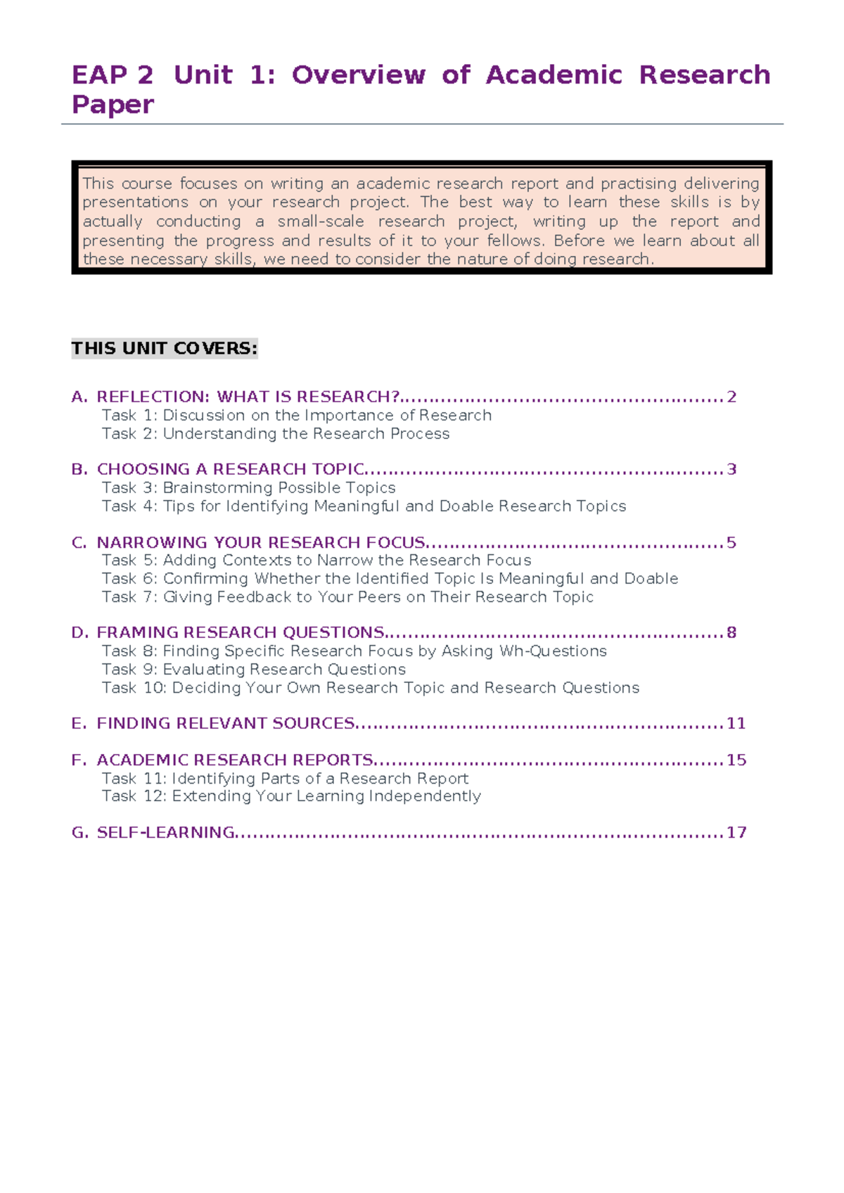 EAP2 Unit 1 Overview of Academic Research Reports - EAP 2 Unit 1: Overview of Academic Research ...