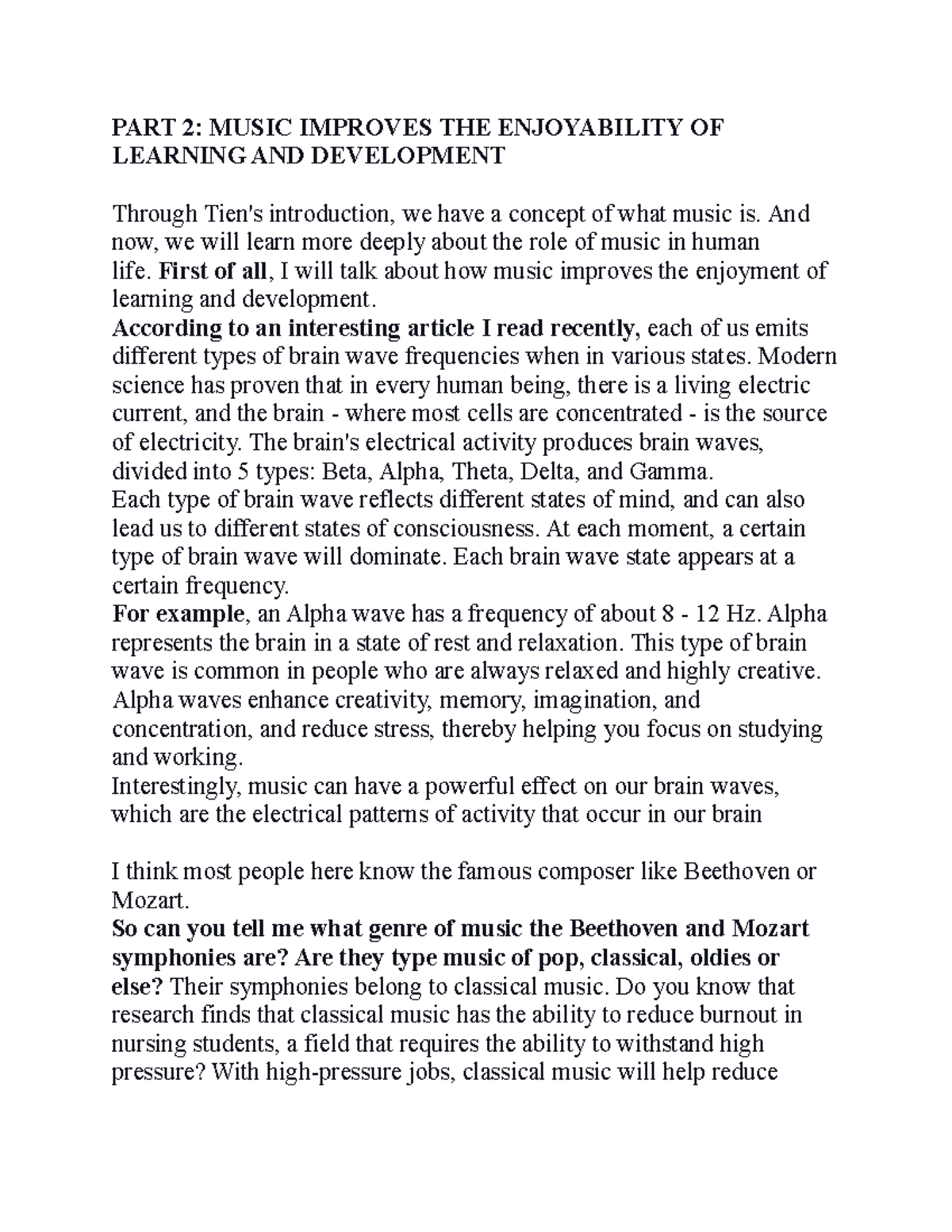 PART 2 Music Improves THE Enjoyability OF Learning AND Development ...