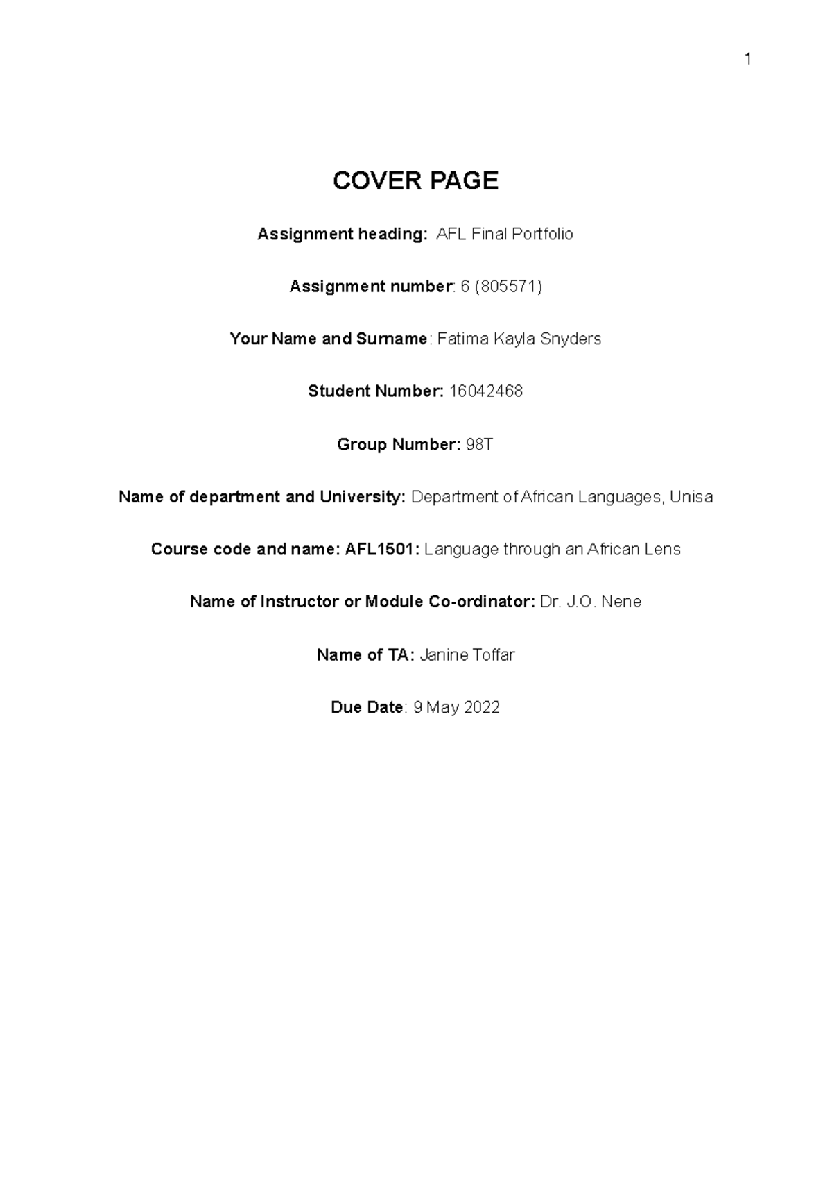 AFL1501 Portfolio 6 - COVER PAGE Assignment heading: AFL Final Portfolio Assignment number: 6 ...