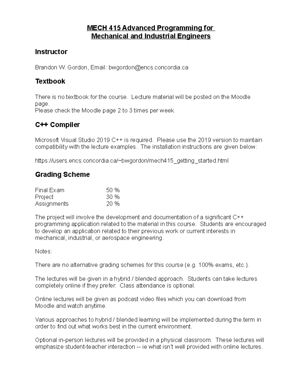 Brief outline MECH415 - MECH 415 Advanced Programming for Mechanical ...