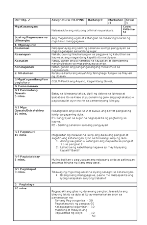 Dlp 9 - NONE - DLP Blg.: 9 Assignatura: FILIPINO Baitang: 9 Markahan: 3rd Oras: 1 Mga Kasanayan ...