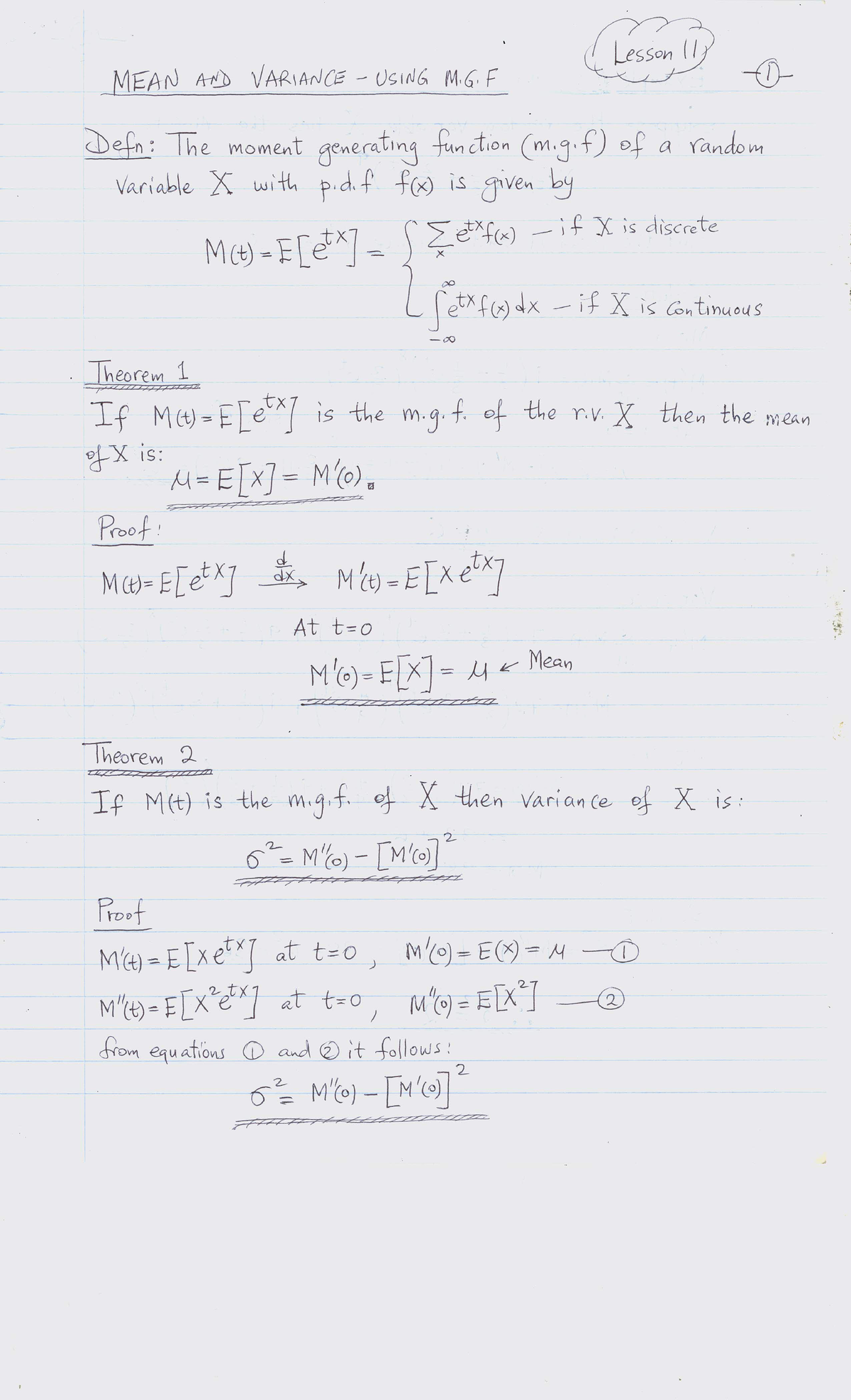 Les11 - Mean and variance using M.G.F - Lesson 11 MEAN AND VARIANCE ...