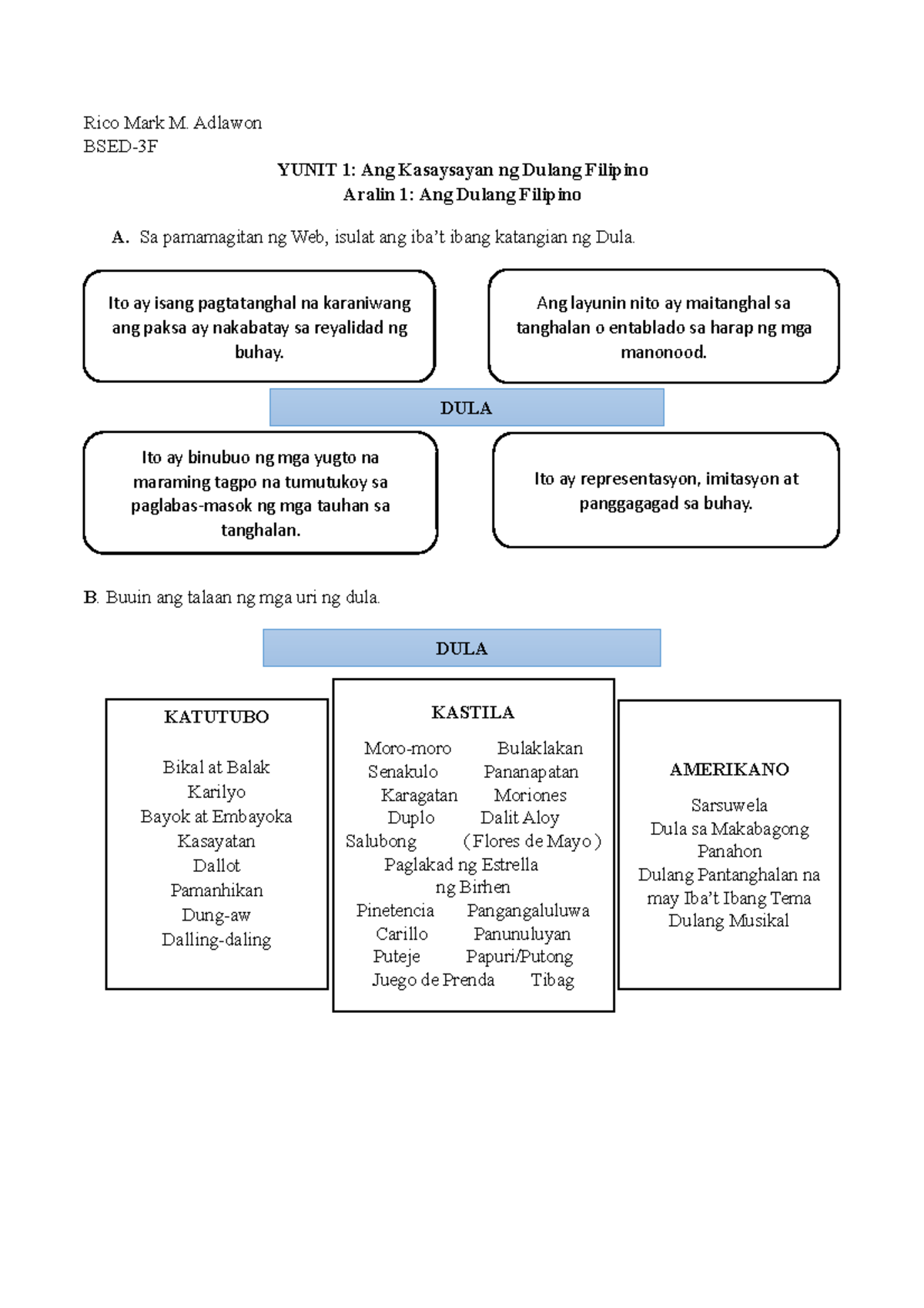 Adlawon, Rico Mark - Yunit 1 Dula - Rico Mark M. Adlawon BSED-3F YUNIT ...