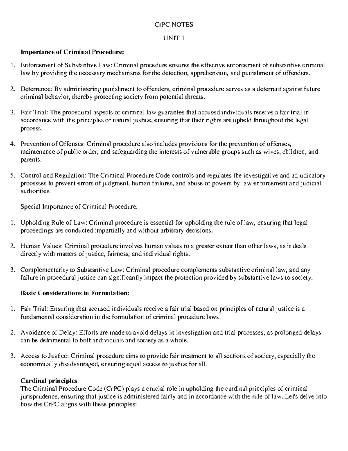 Cr PC Notes - Summary law of crimes - CrPC NOTES UNIT 1 Importance of ...