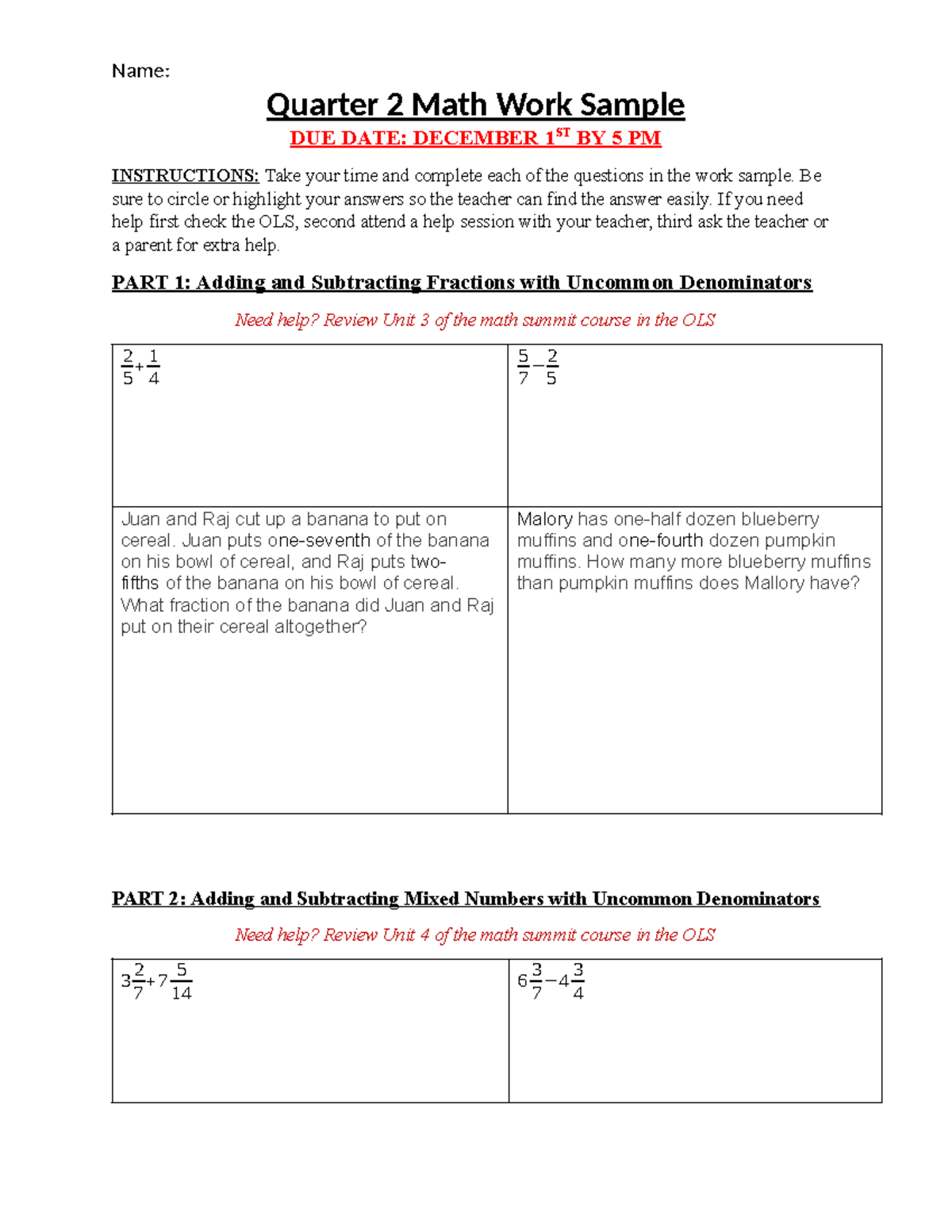 Q2Work Sample - Name: Quarter 2 Math Work Sample DUE DATE: DECEMBER 1 ...
