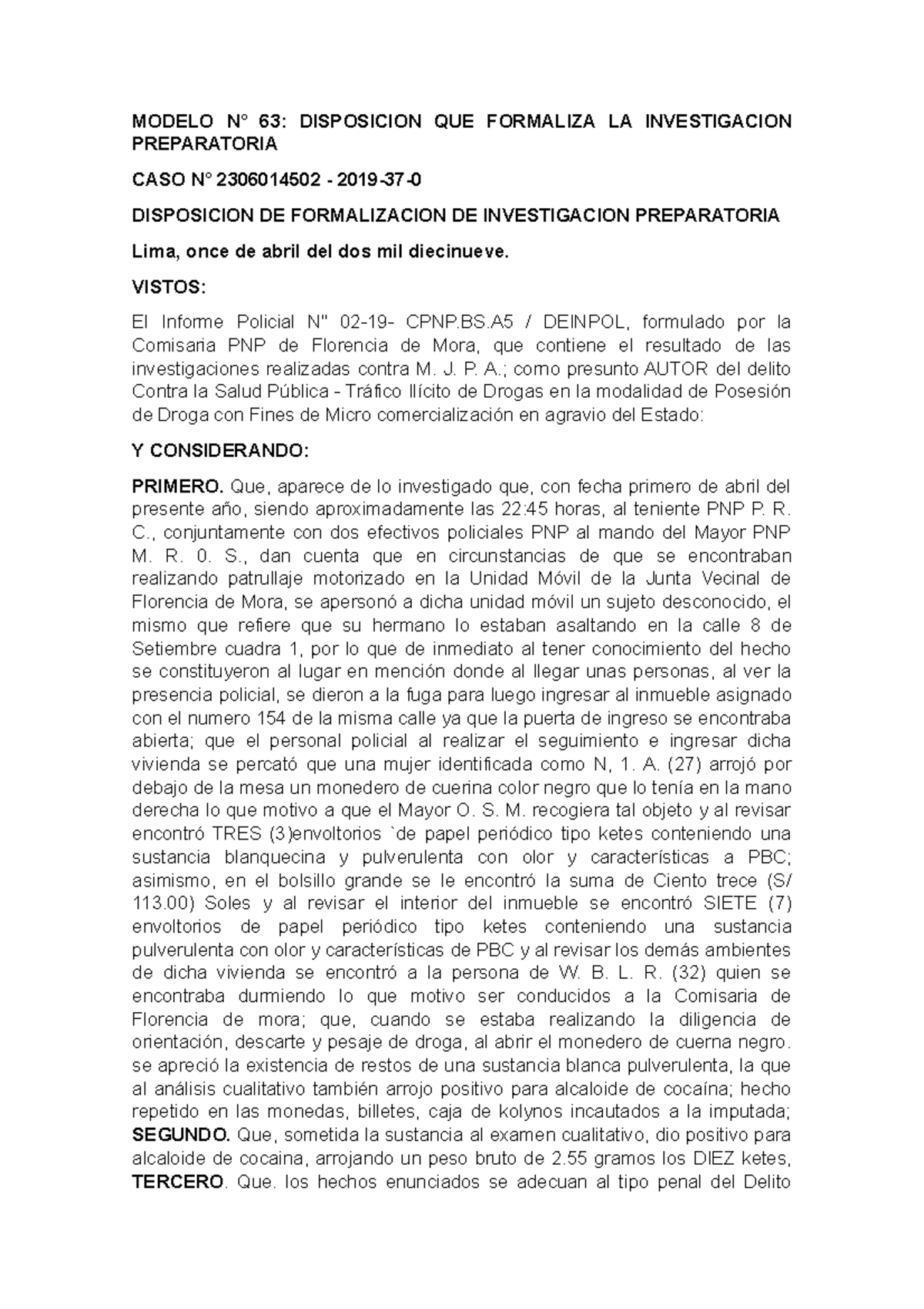 63.- Modelo DE Disposicion QUE Formaliza LA Investigacion Preparatoria ...