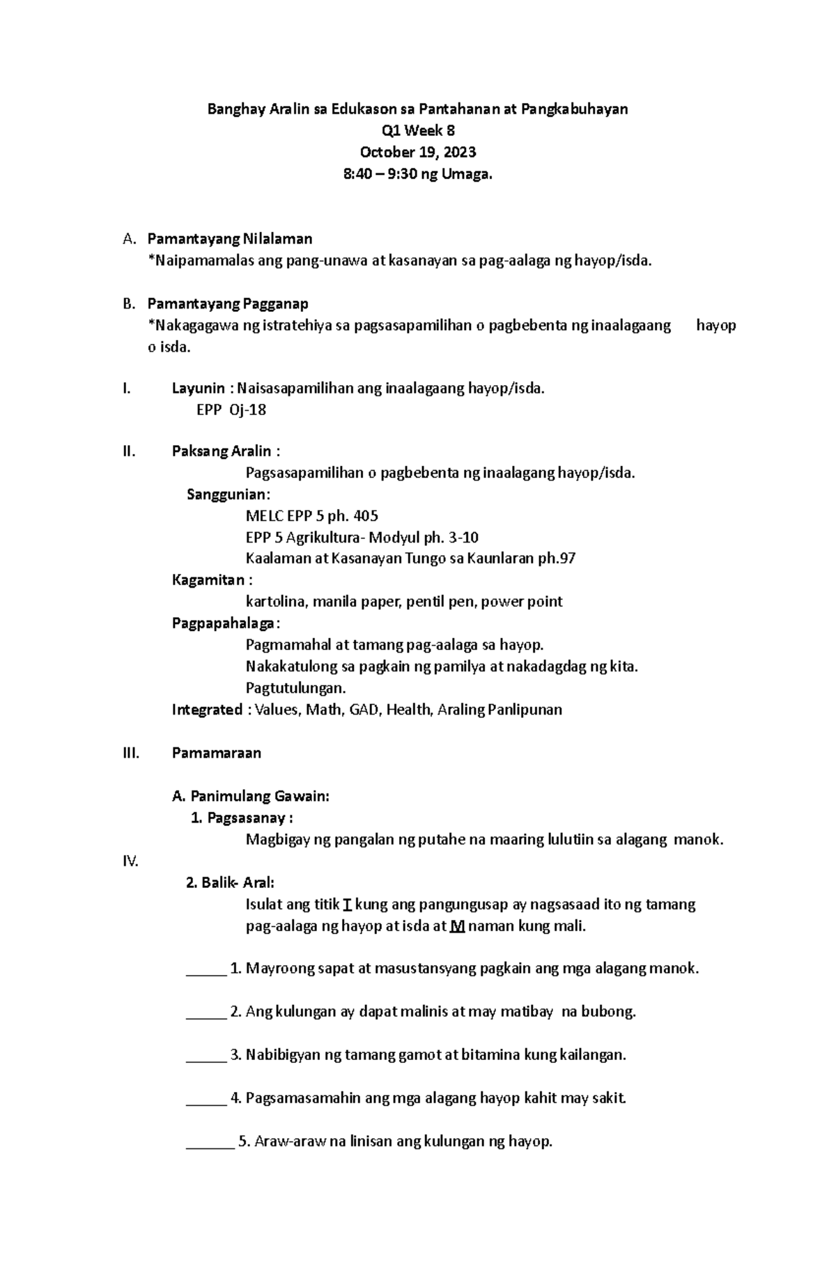 DLP EPP 5 Week 8 - Lesson Plan - Banghay Aralin sa Edukason sa ...