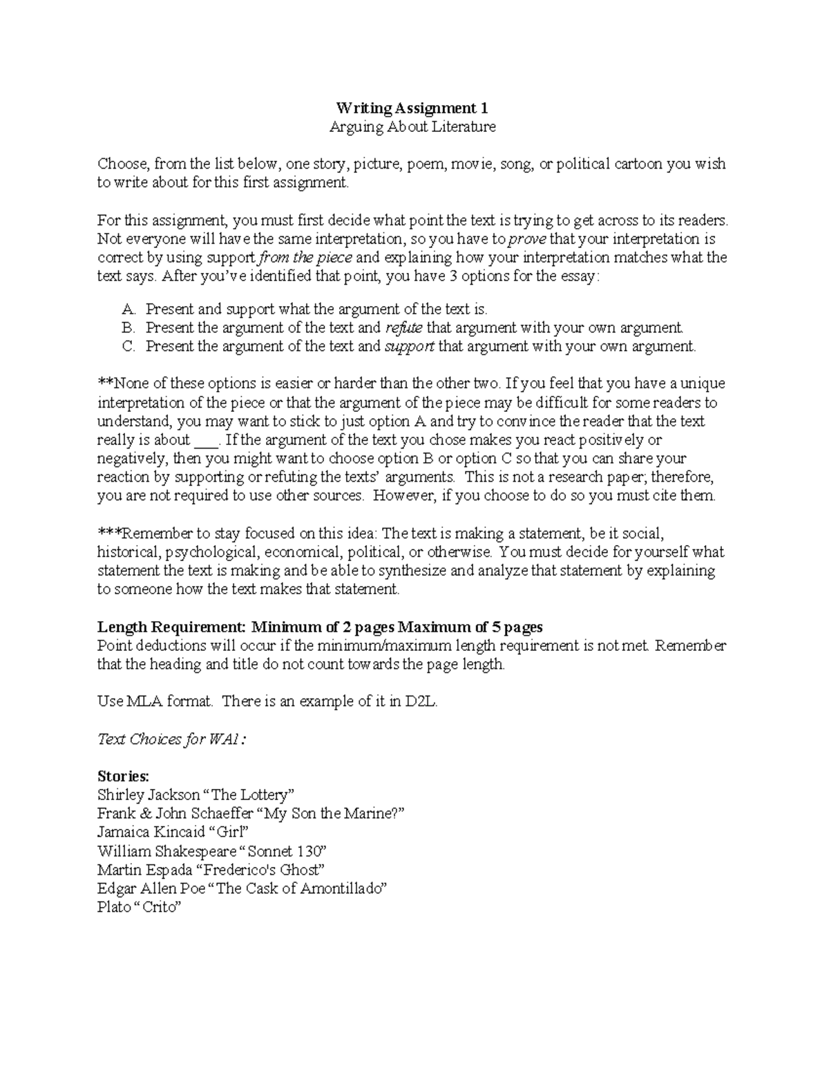 Writing Assignment 1 - coursework - Writing Assignment 1 Arguing About Literature Choose, from ...