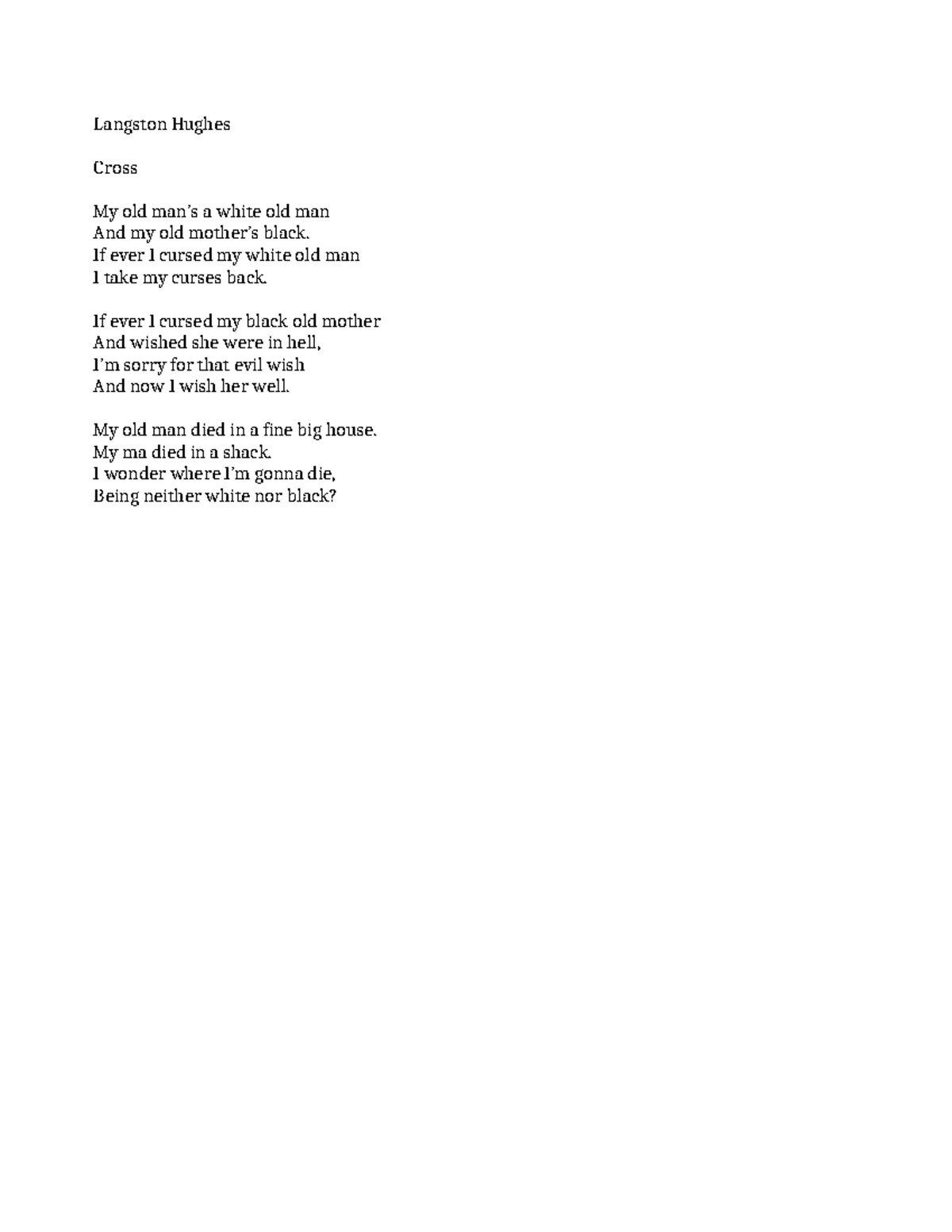 Poems-Week Three - Tagged 2 - Langston Hughes Cross My old man’s a ...