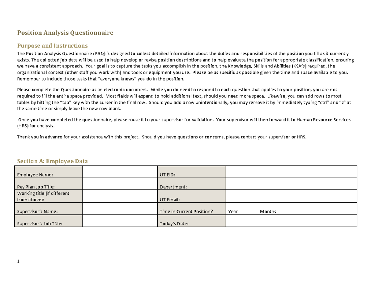 Position-analysis-questionnaire - Position Analysis Questionnaire ...