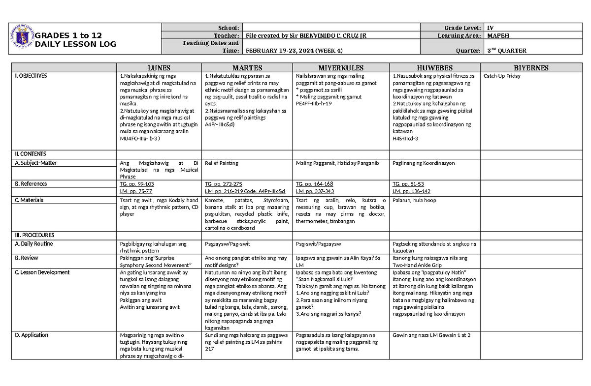 DLL Mapeh 4 Q3 W4 - vfvfd - GRADES 1 to 12 DAILY LESSON LOG School ...