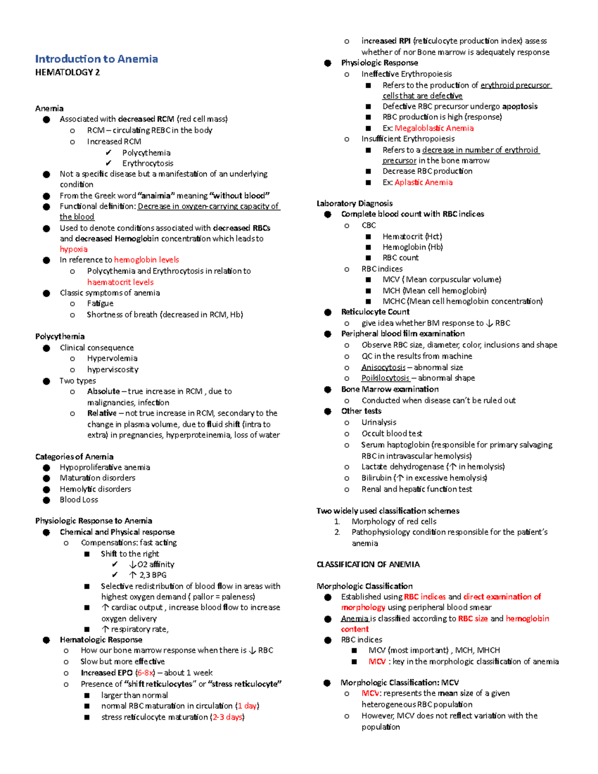 Introduction TO Anemia - Introduction to Anemia HEMATOLOGY 2 Anemia ...