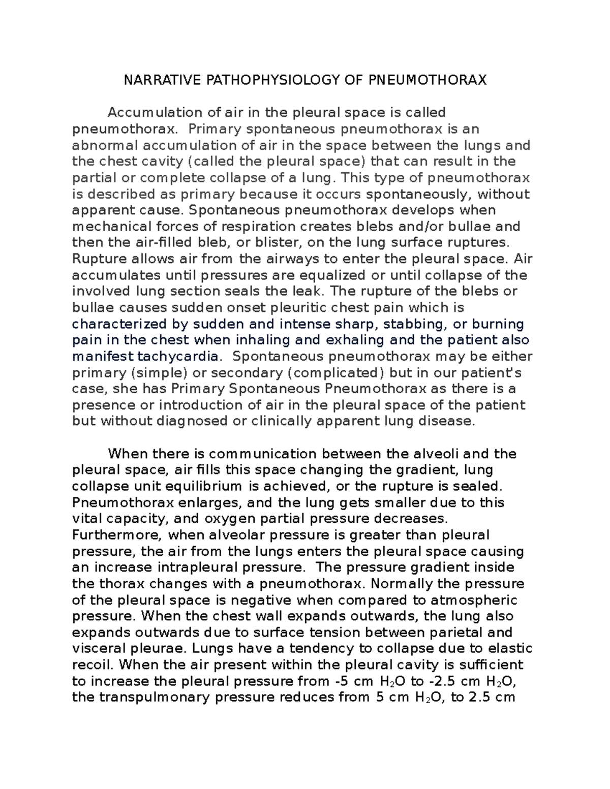 Primary Spontaneous Pneumothorax Pathophysiology - NARRATIVE ...