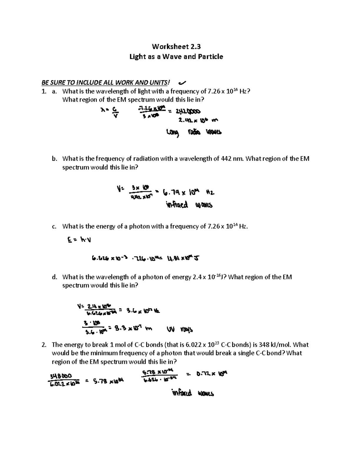 Chem - Worksheet 2. Light as a Wave and Particle BE SURE TO INCLUDE ALL ...