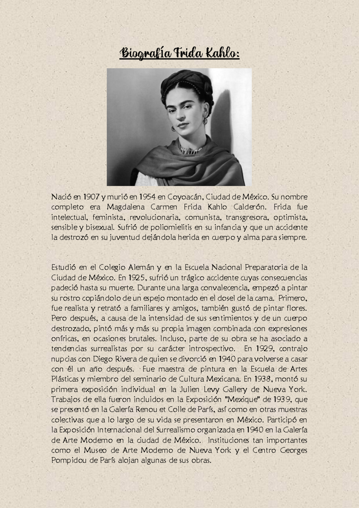 Frida kahlo - APUNESSS - Biografía Frida Kahlo: Nació en 1907 y murió ...
