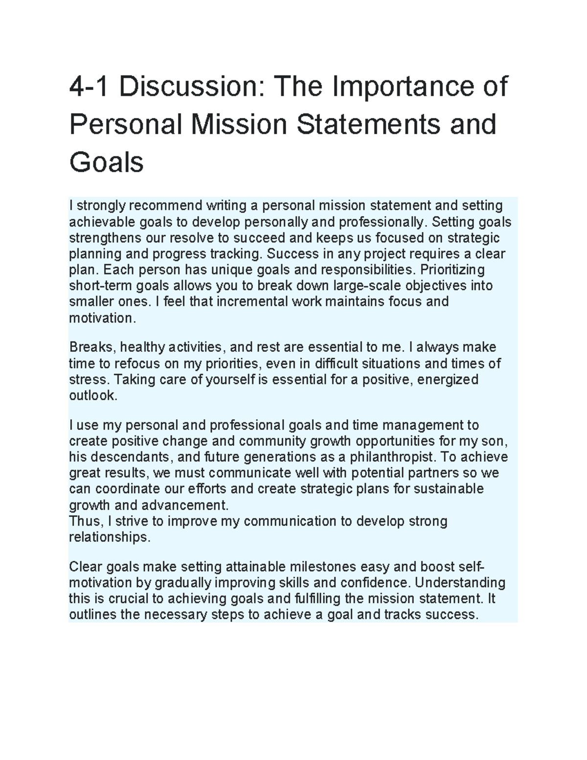 4-1 Discussion: The Importance of Personal Mission Statements and Goals ...