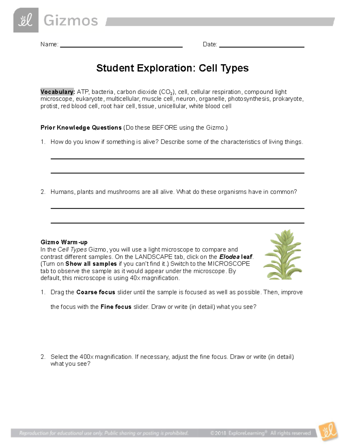 Microscope Lab Gizmos 2023 - Name: Date: Student Exploration: Cell ...