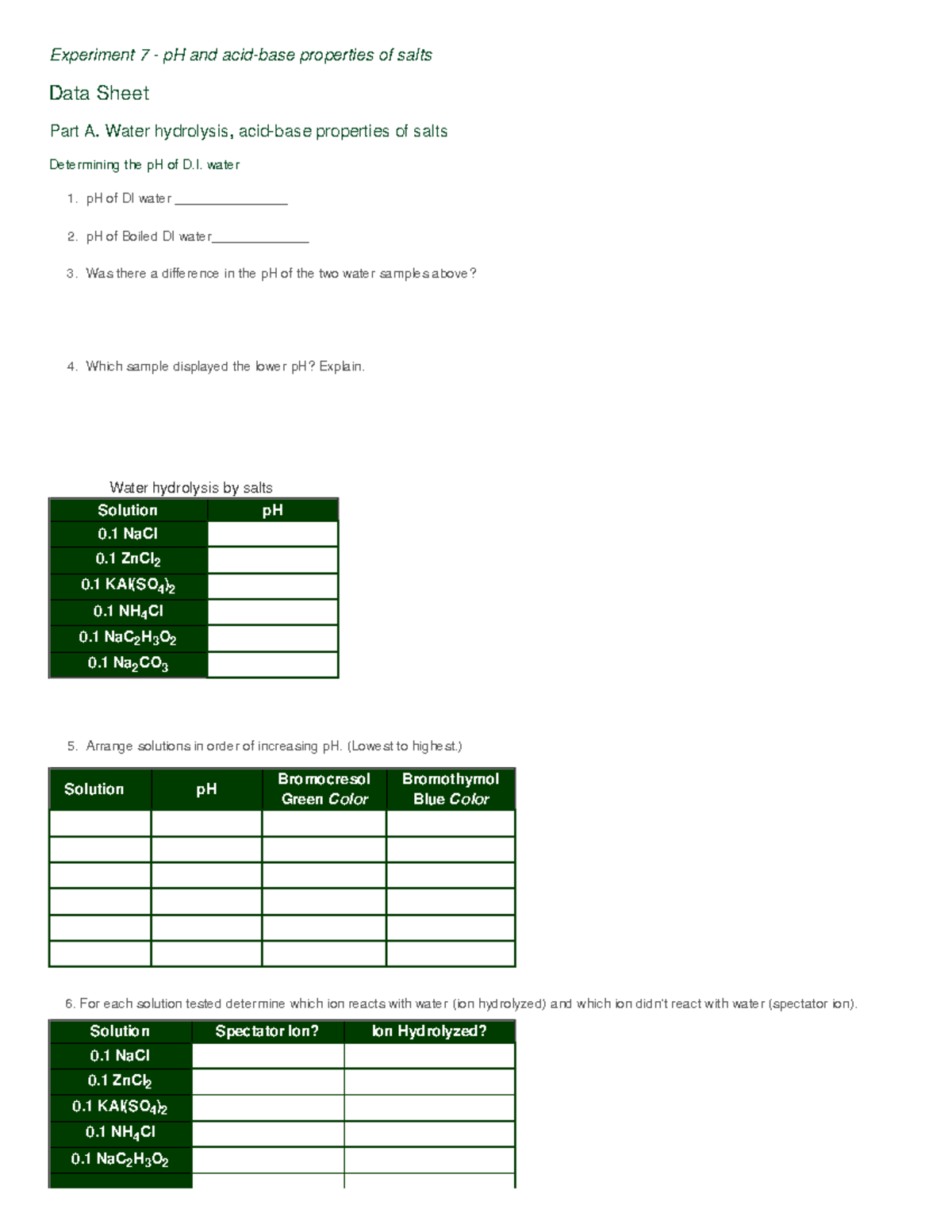 Experiment 7 - Data Sheet - Experiment 7 - pH and acid-base properties of salts Data Sheet Part ...