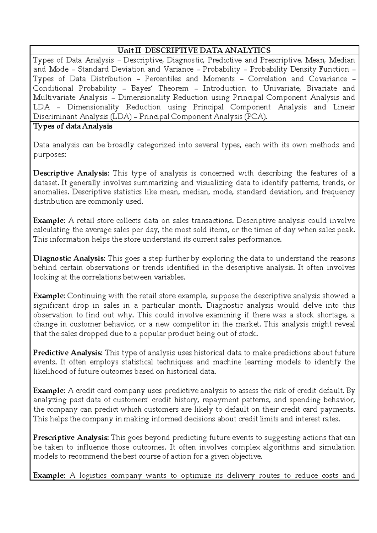 UNIT 2 - data analytics - Unit II DESCRIPTIVE DATA ANALYTICS Types of Data Analysis ...