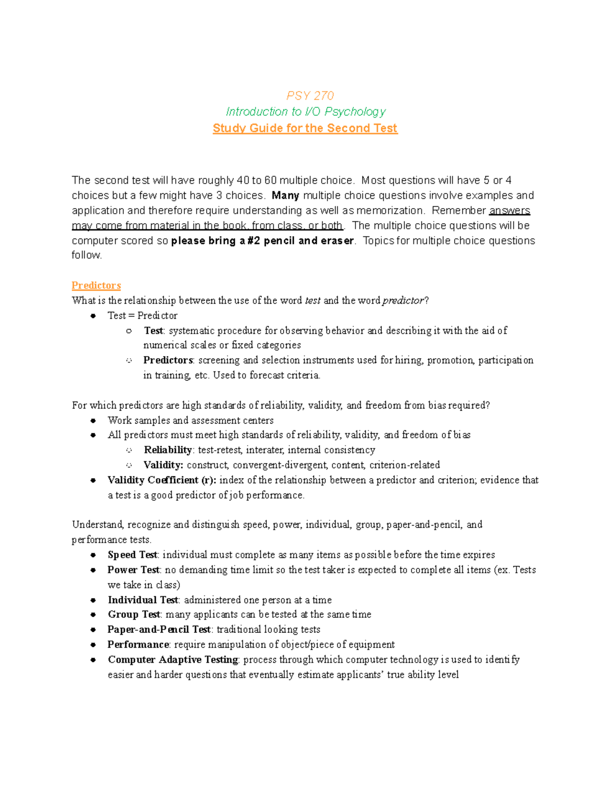 PSY 270 Study Guide Exam #2 Final - PSY 270 Introduction to I/O Psychology Study Guide for the ...