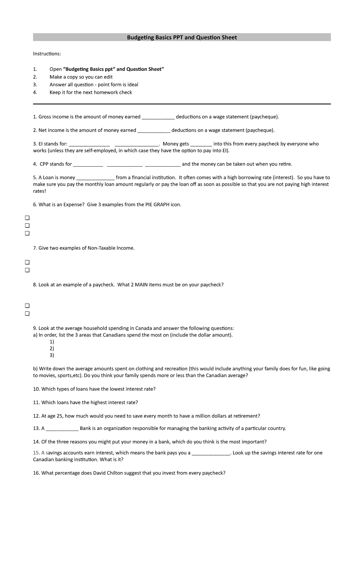 Budgeting Basics Worksheet Questions And Answer OPEN CPA