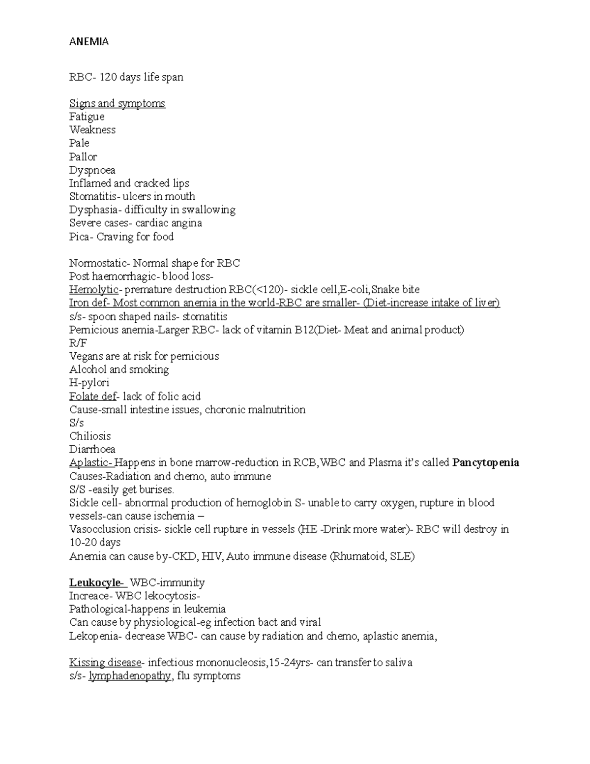 RBC - RBC - ANEMIA RBC- 120 days life span Signs and symptoms Fatigue ...
