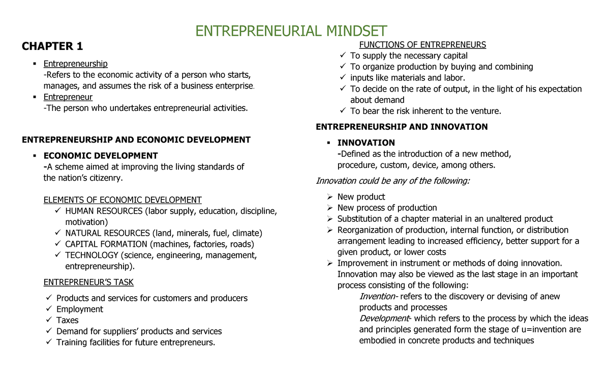 Entrep- Reviewer- Prelim - CHAPTER 1 Entrepreneurship -Refers to the ...