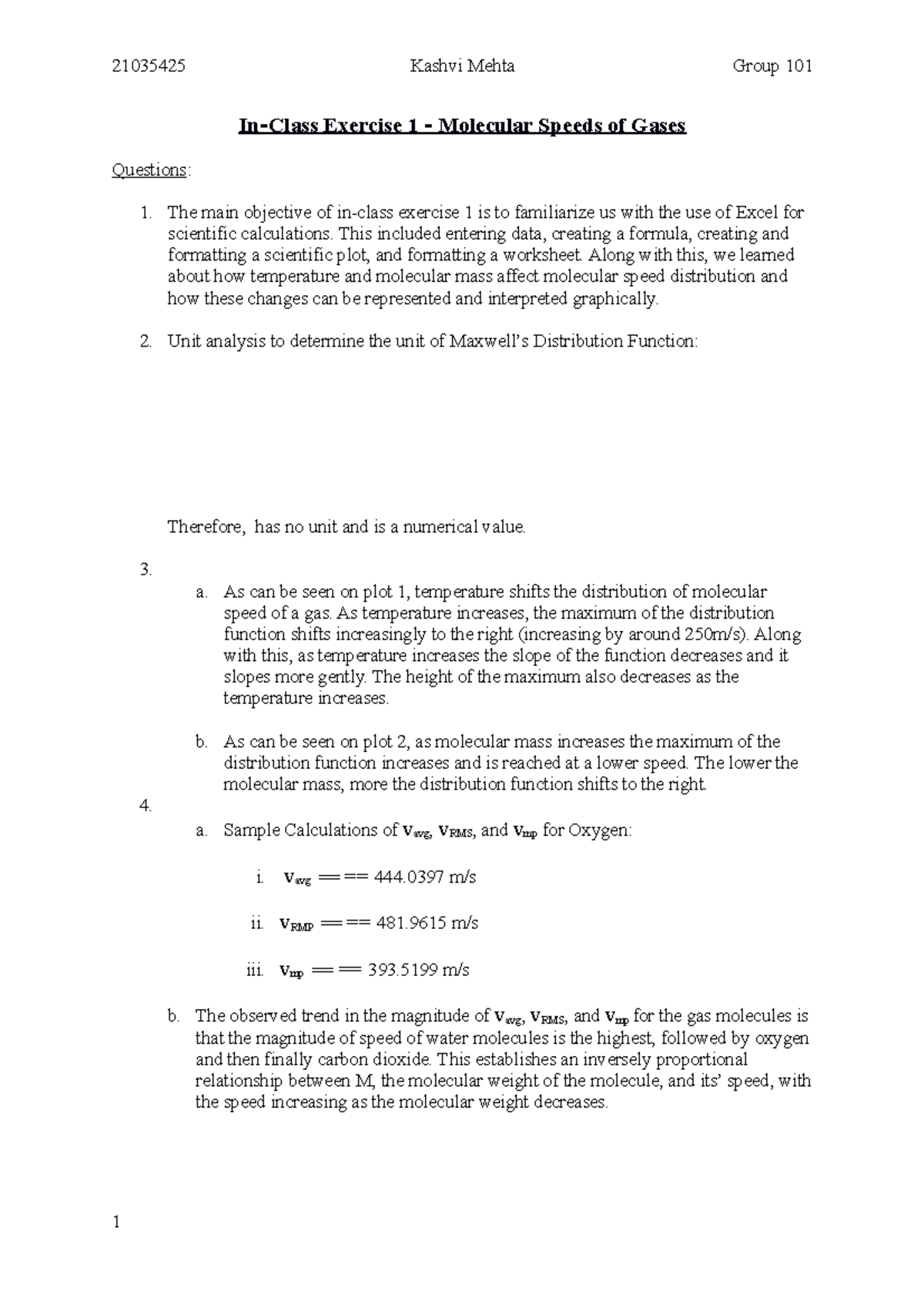 In-class exercise 1 - 21035425 Kashvi Mehta Group 101 In Class Exercise 1‐ ‐Molecular Speeds of ...