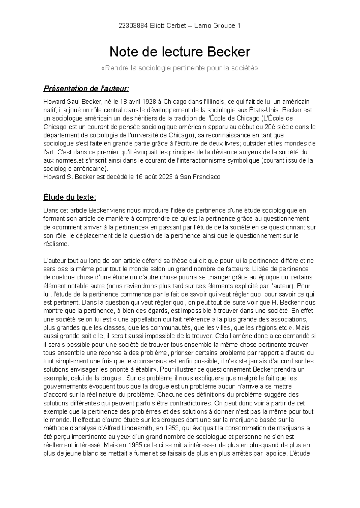 Note de lecture Becker - 22303884 Eliott Cerbet - Larno Groupe 1 Note ...
