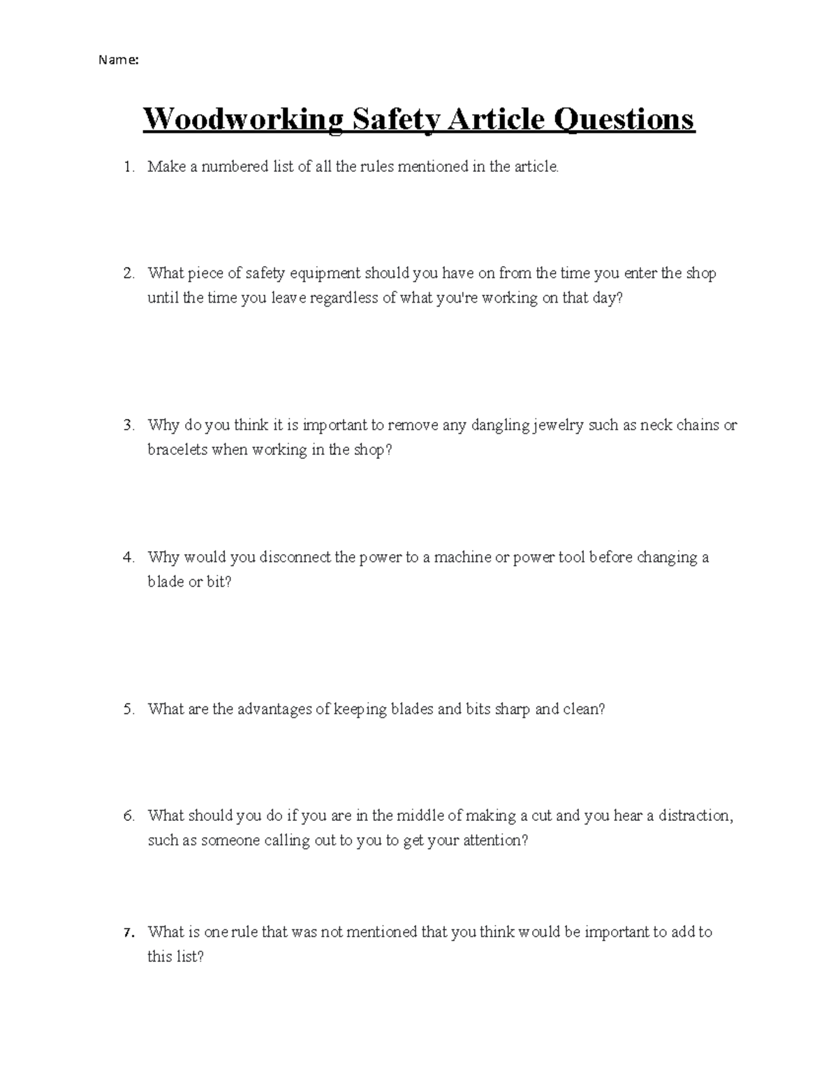 Nizayah Taylor - Woodworking Safety Article Questions - Name ...