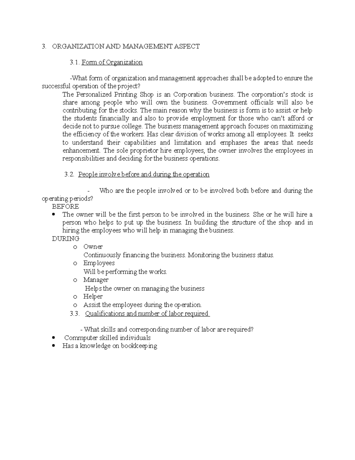 Sss - none - 3. ORGANIZATION AND MANAGEMENT ASPECT Form of Organization ...