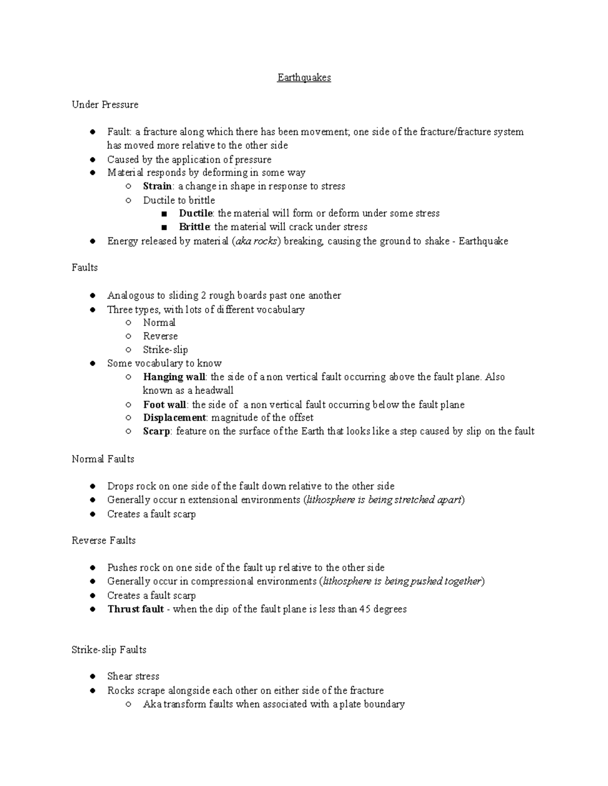 Earthquakes - Lecture notes 3 - Earthquakes Under Pressure Fault: a ...