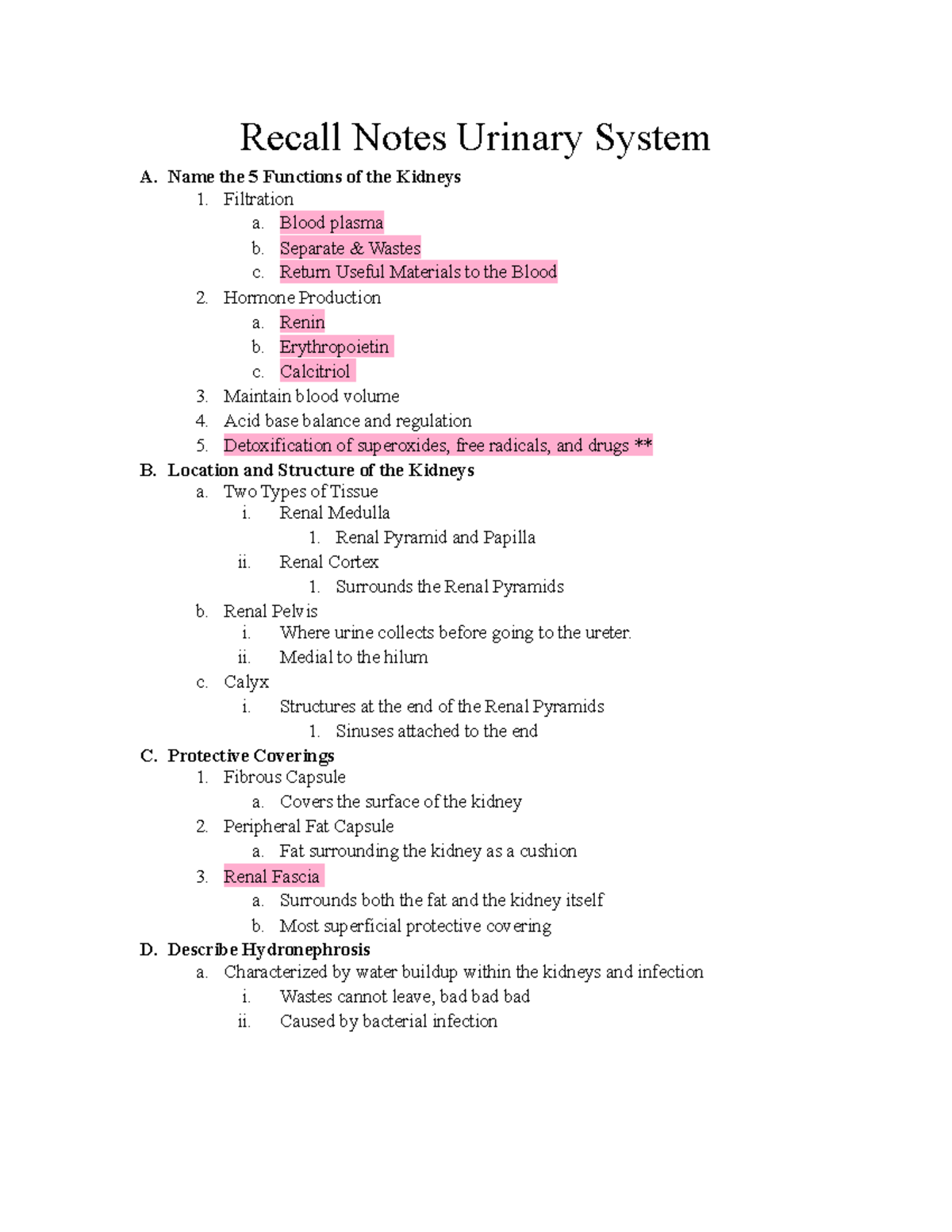 Urinary System Notes - Recall Notes Urinary System A. Name the 5 ...