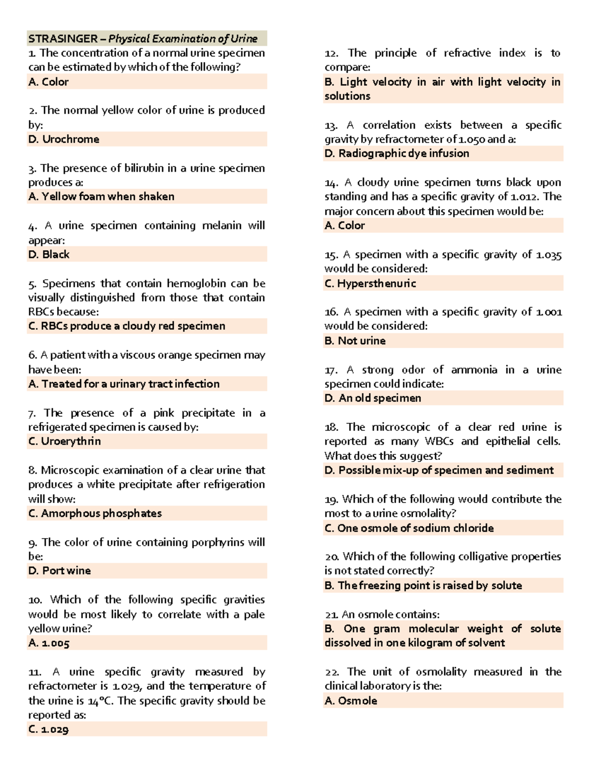 P1 TEST BANK - Physical Examination OF Urine - STRASINGER – Physical ...
