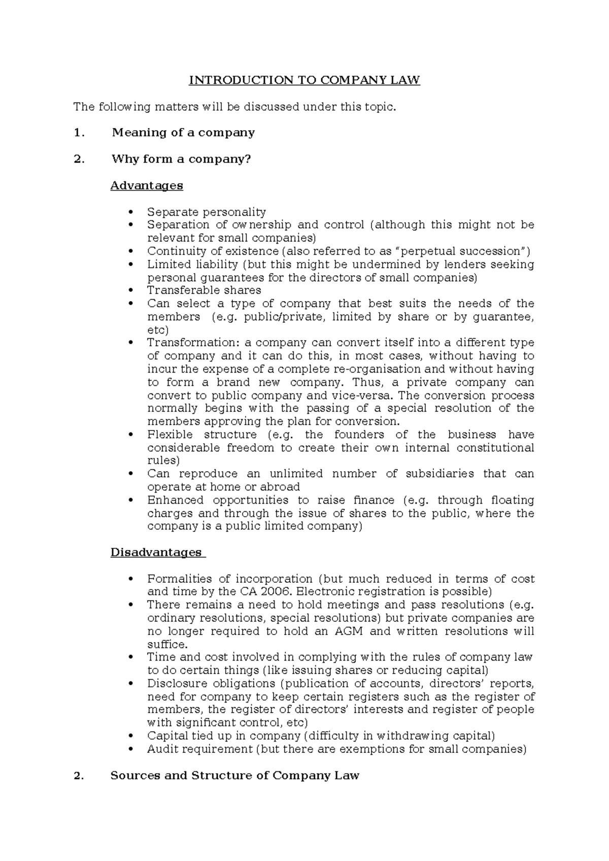 Company Law - Lectures 1, 2 & 3 Handout - Tagged - INTRODUCTION TO ...