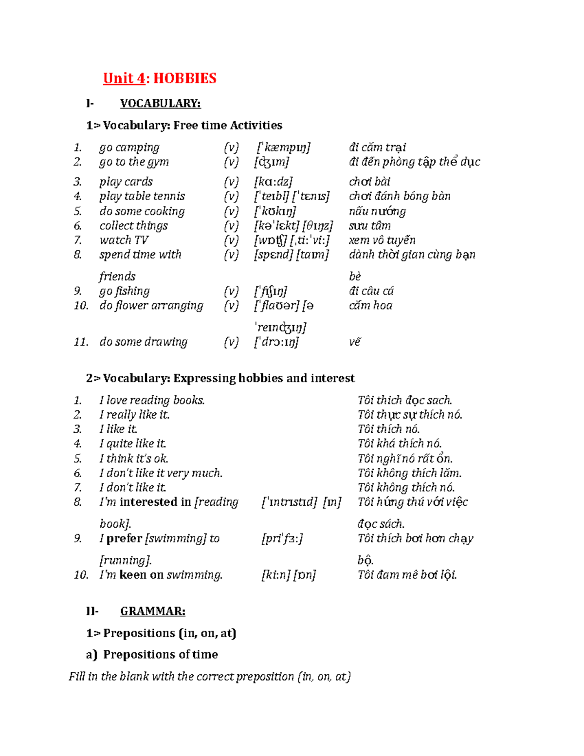 Unit-4 - êtt - Unit 4: HOBBIES I- VOCABULARY: 1> Vocabulary: Free time ...