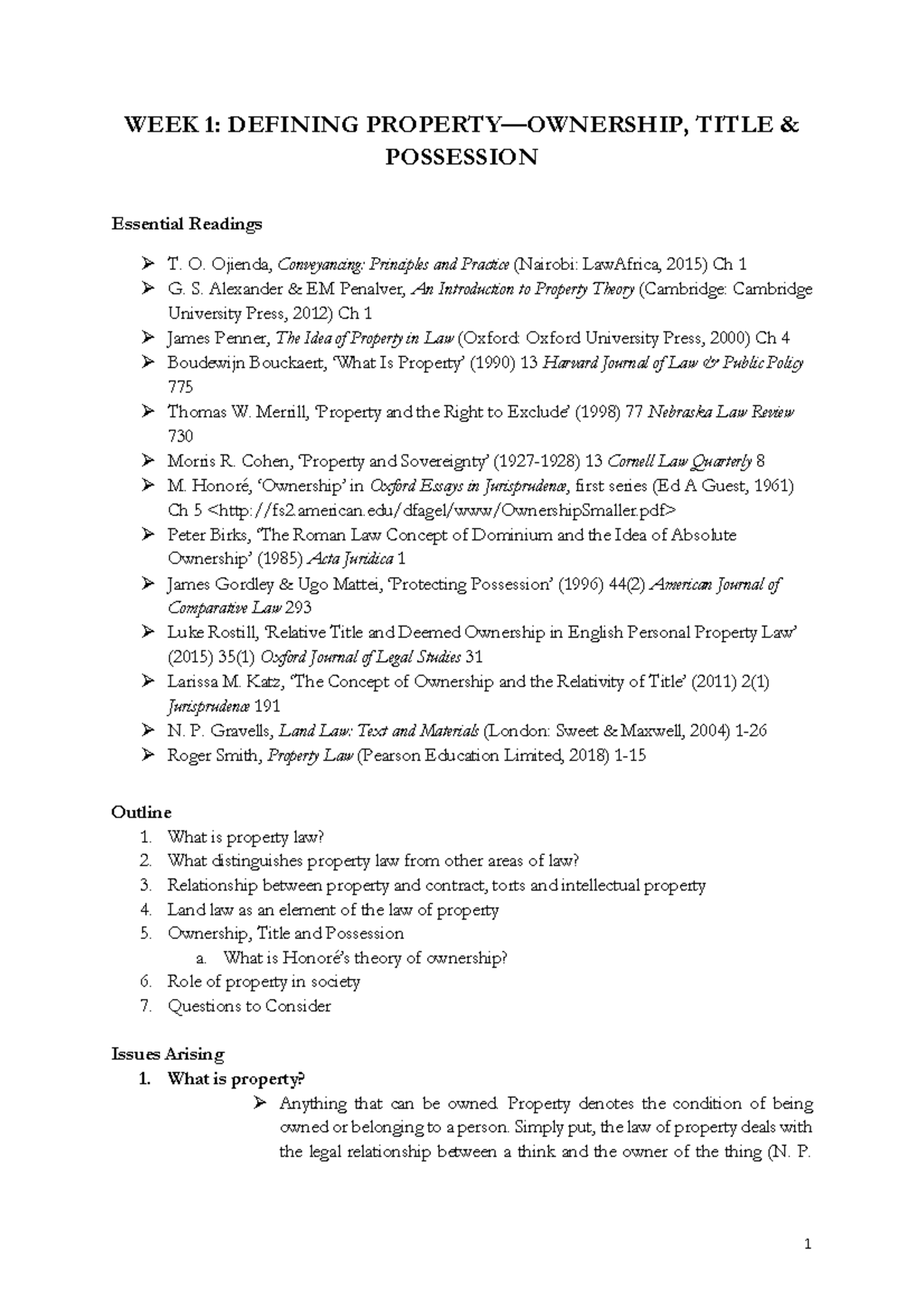 Property Law 1-Week 1 Handout 1 - WEEK 1: DEFINING PROPERTY—OWNERSHIP, TITLE & POSSESSION - Studocu