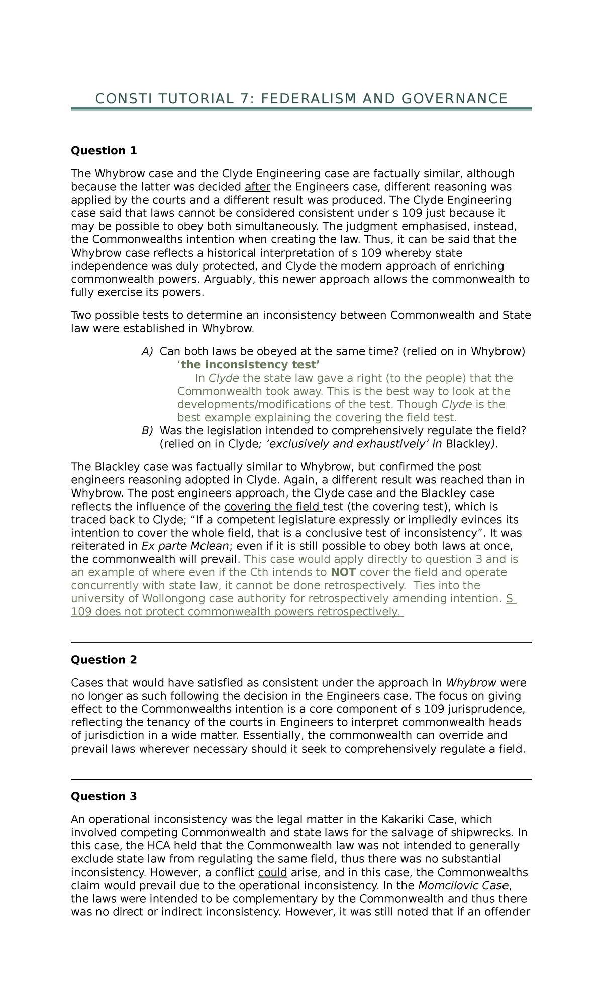 Consti tutorial week 7 federalism and governance - CONSTI TUTORIAL 7: FEDERALISM AND GOVERNANCE ...
